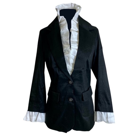 Jerry T. | Jackets & Coats | Black Blazer Jacket White Ruffle Collar ...